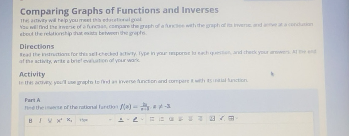 Solved: Comparing Graphs of Functions and Inverses This activity will ...