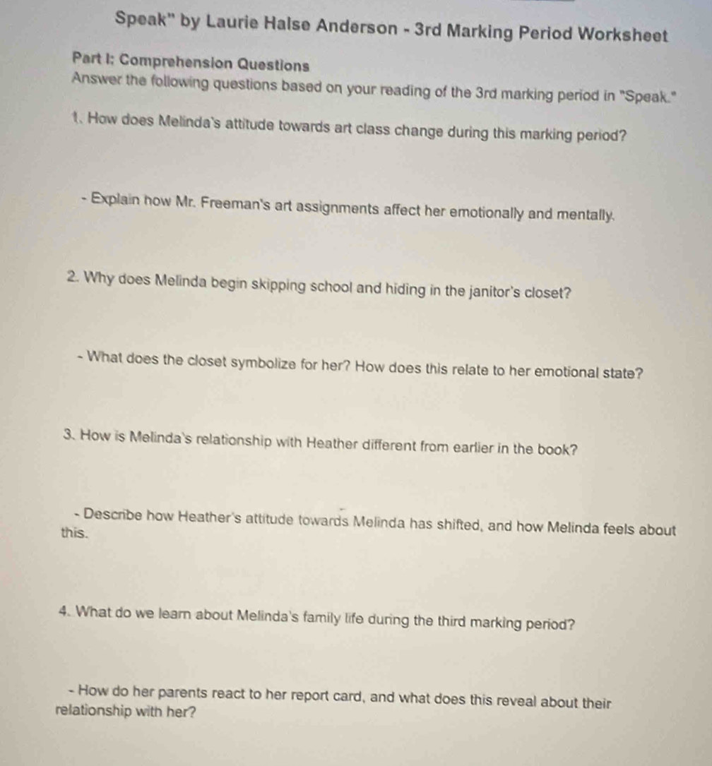 Solved: Speak" by Laurie Halse Anderson - 3rd Marking Period Worksheet ...