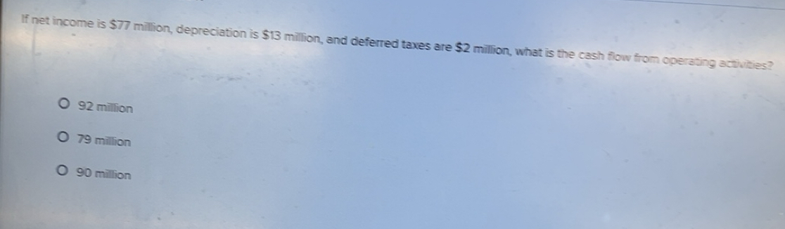 Solved: If net income is $77 million, depreciation is $13 million, and ...