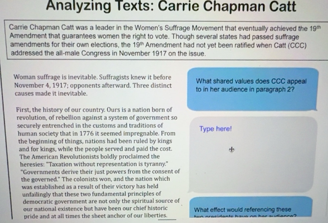 Solved: Analyzing Texts: Carrie Chapman Catt Carrie Chapman Catt was a ...