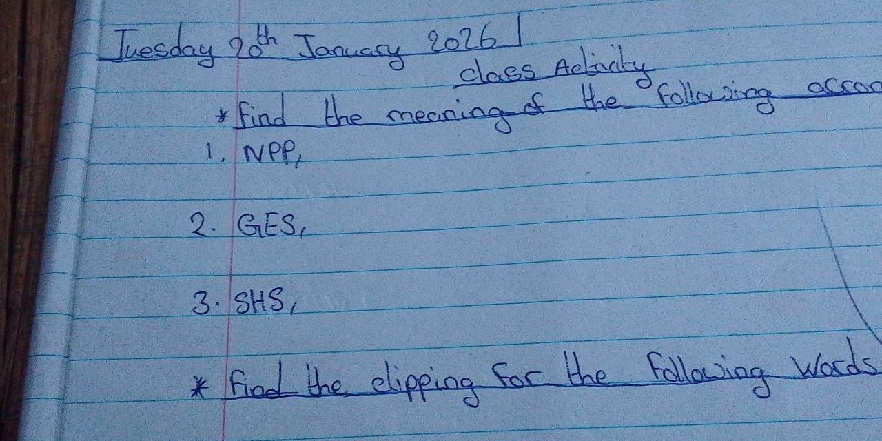 Gelöst:Tuesday 20^(th) January 2026 class Aelivity *Find the meaning of ...