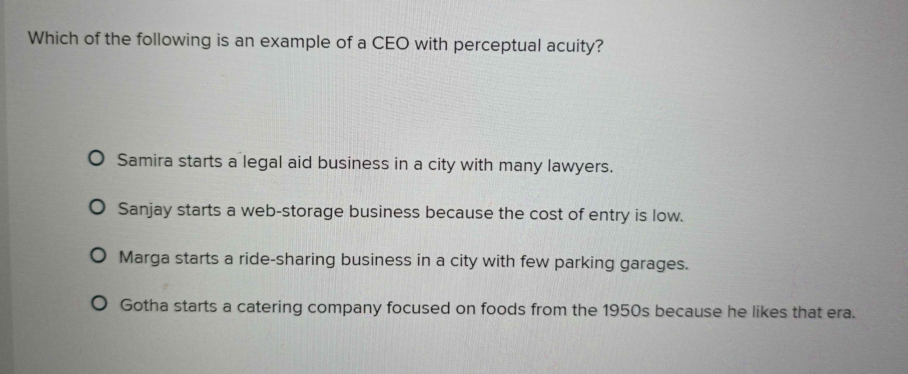 Solved: Which of the following is an example of a CEO with perceptual ...