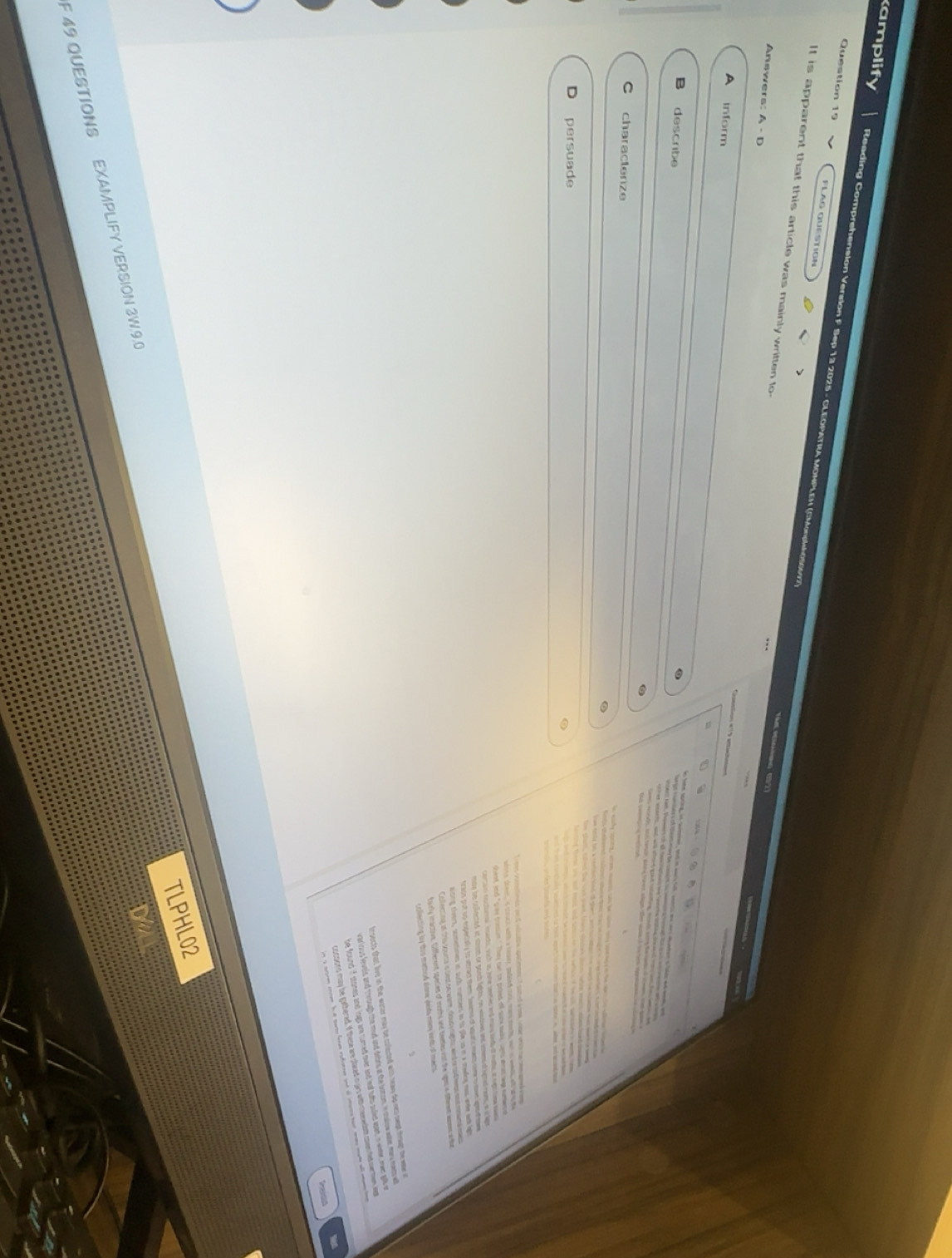 Solved: amplify Reading Comprehension Version F Sep 13 2025 - CLEOPATRA ...