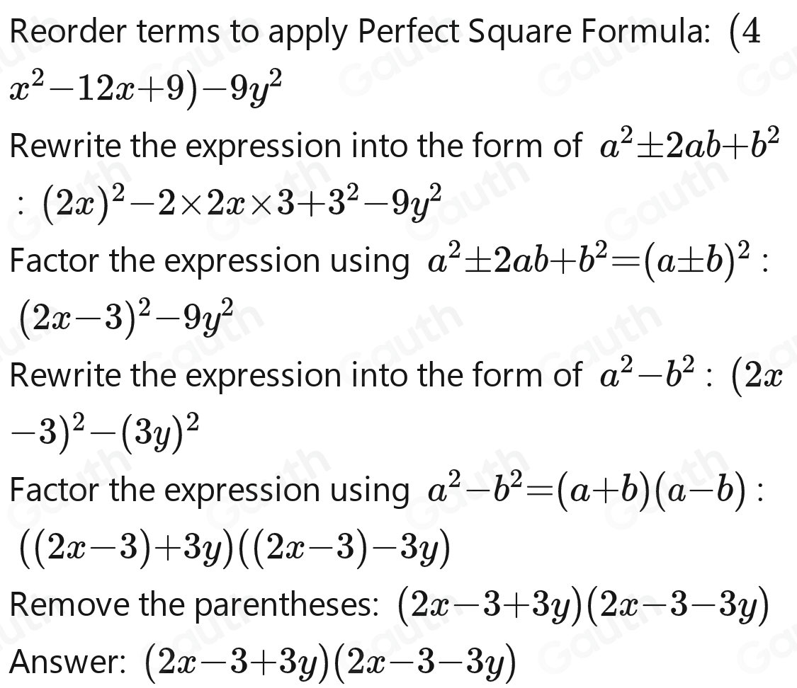 Resuelto:3.- Al factorizar la expresión 4x^2-12x+9-9y^2 obtenemos que un factor es: a) 2x+3-3y b) 2