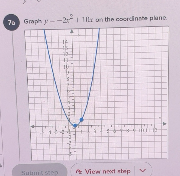 Solved: 7a Graph y=-2x^2+10x on the coordinate plane. Submit step View ...