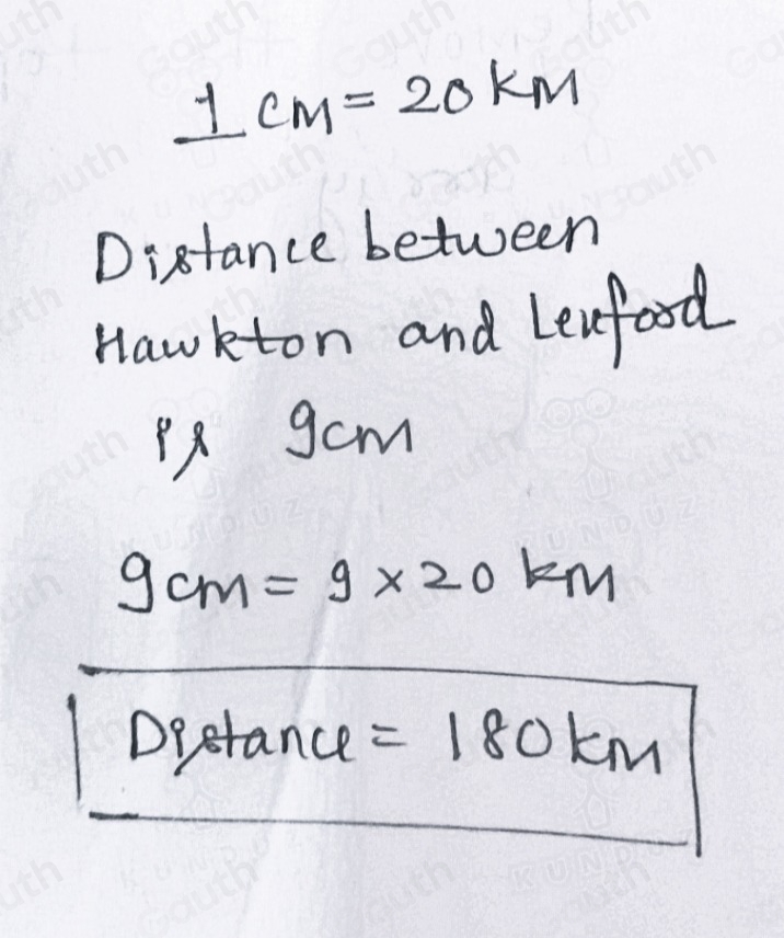 Solved: The scale on the map below is 1 cm represents 20 km. Work out ...