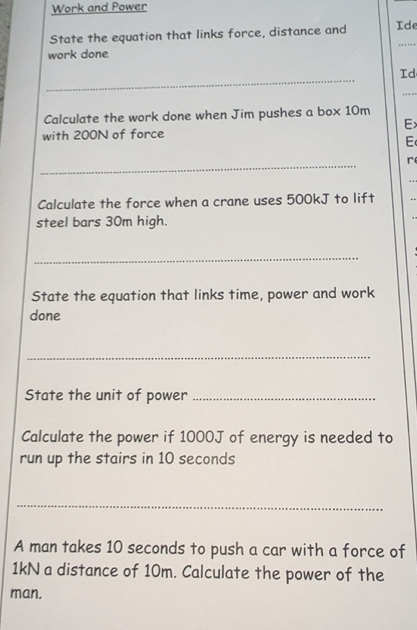Solved: Work and Power State the equation that links force, distance ...