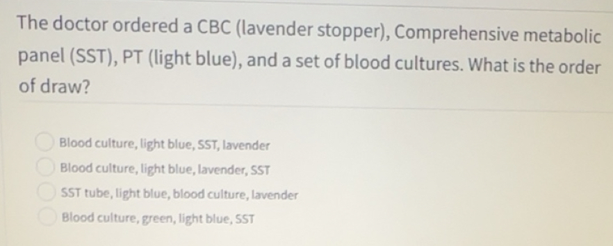 Solved: The doctor ordered a CBC (lavender stopper), Comprehensive ...