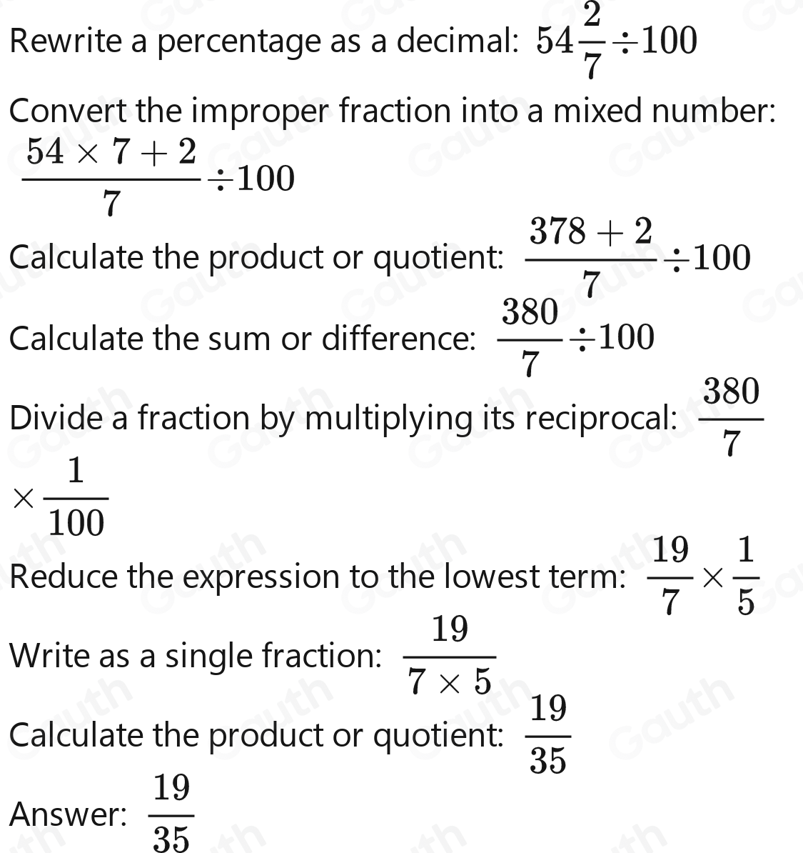 Solved: Convert 54 2/7 % to a fraction in lowest terms. [Math]