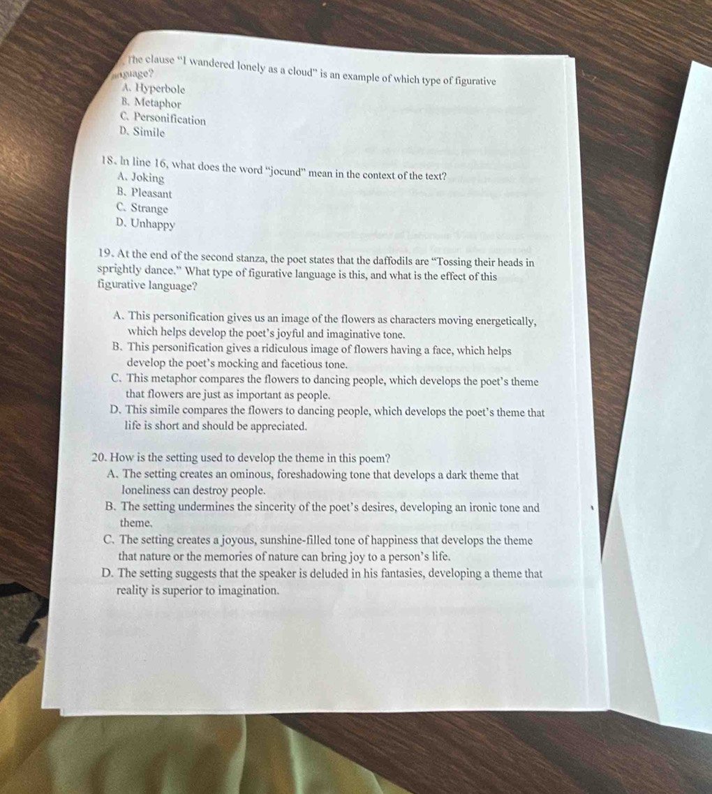 Solved: The clause “I wandered lonely as a cloud” is an example of ...