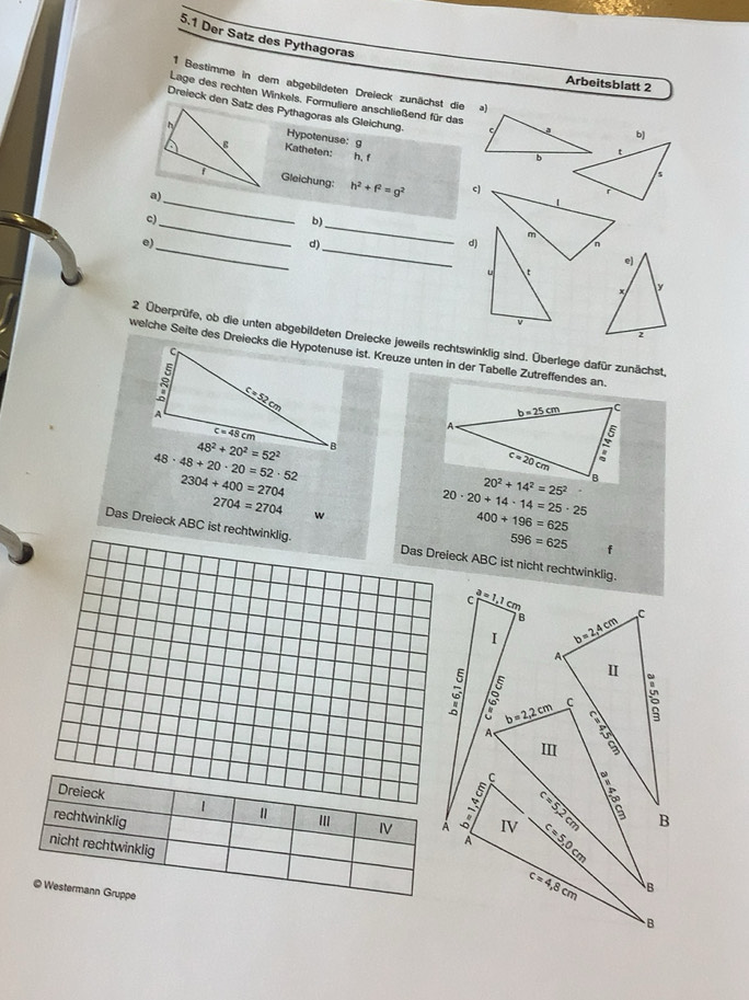 Gelöst:5.1 Der Satz des Pythagoras Arbeitsblatt 2 1 Bestimme in dem ...