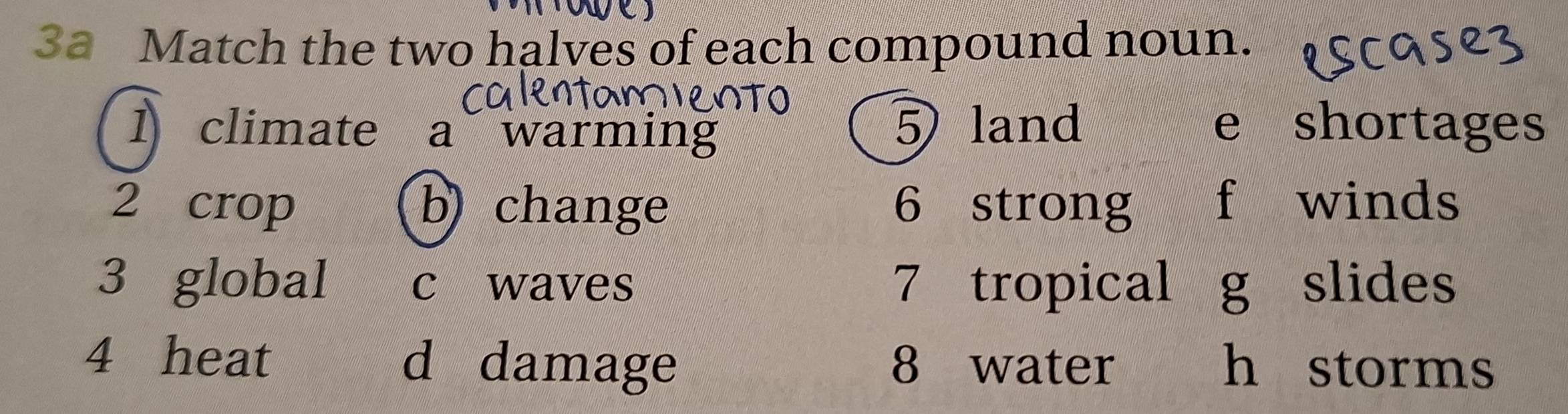Resuelto:3a Match the two halves of each compound noun. 1 climate a ...
