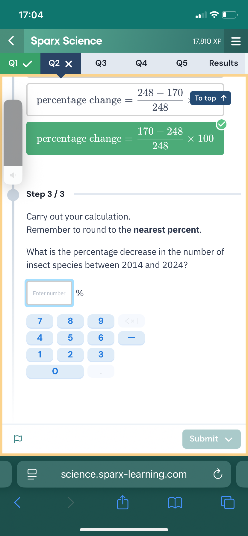 Solved: 17:04 Sparx Science 17,810 XP Q1 Q2X Q3 Q4 Q5 Results ...