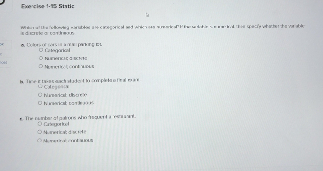 Solved: Static Which of the following variables are categorical and ...