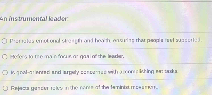 Solved: An instrumental leader. Promotes emotional strength and health ...