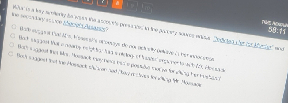 Solved: 1 8 9 10 the secondary source Midnight Assassin? TIME REMAIN ...