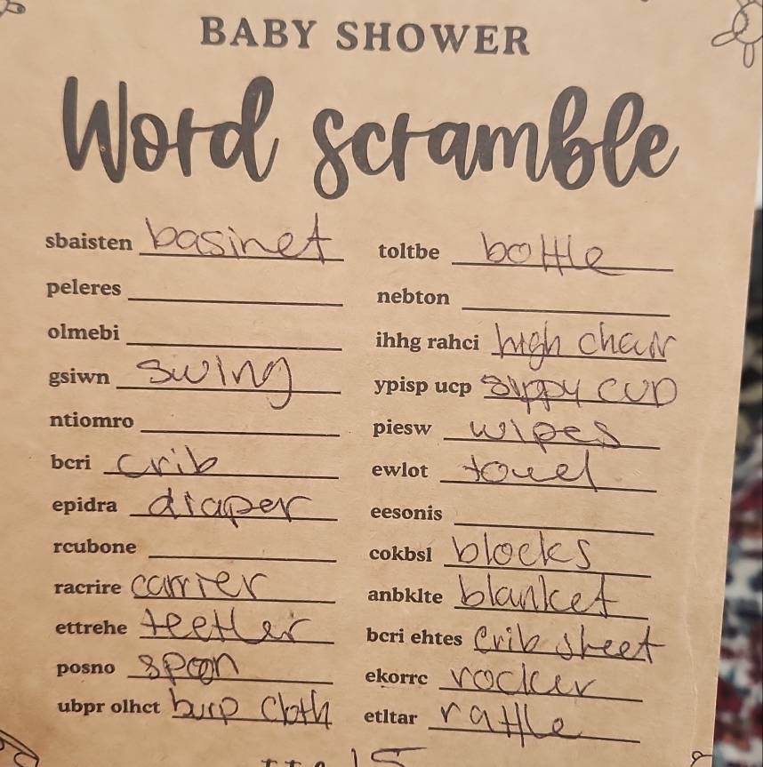 Solved: BABY SHOWER Word Scramble _ sbaisten _toltbe _ peleres _nebton ...