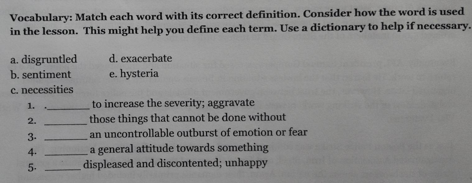 Solved: Vocabulary: Match each word with its correct definition ...