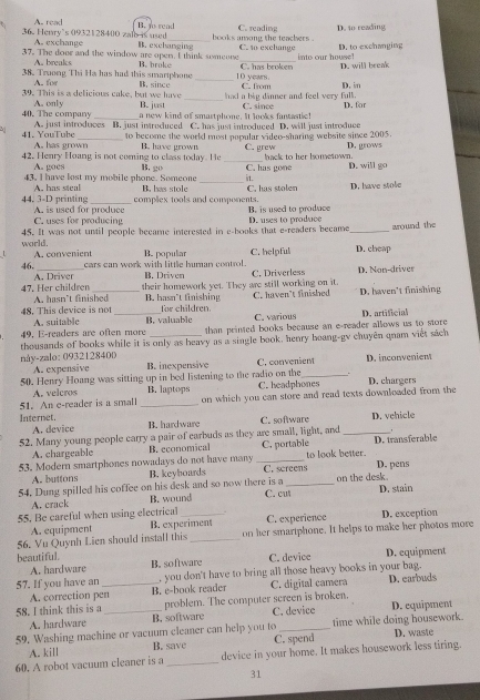 Giải quyết:A. read 36. Henry’s 0932128400 zalb is used B. to read ...