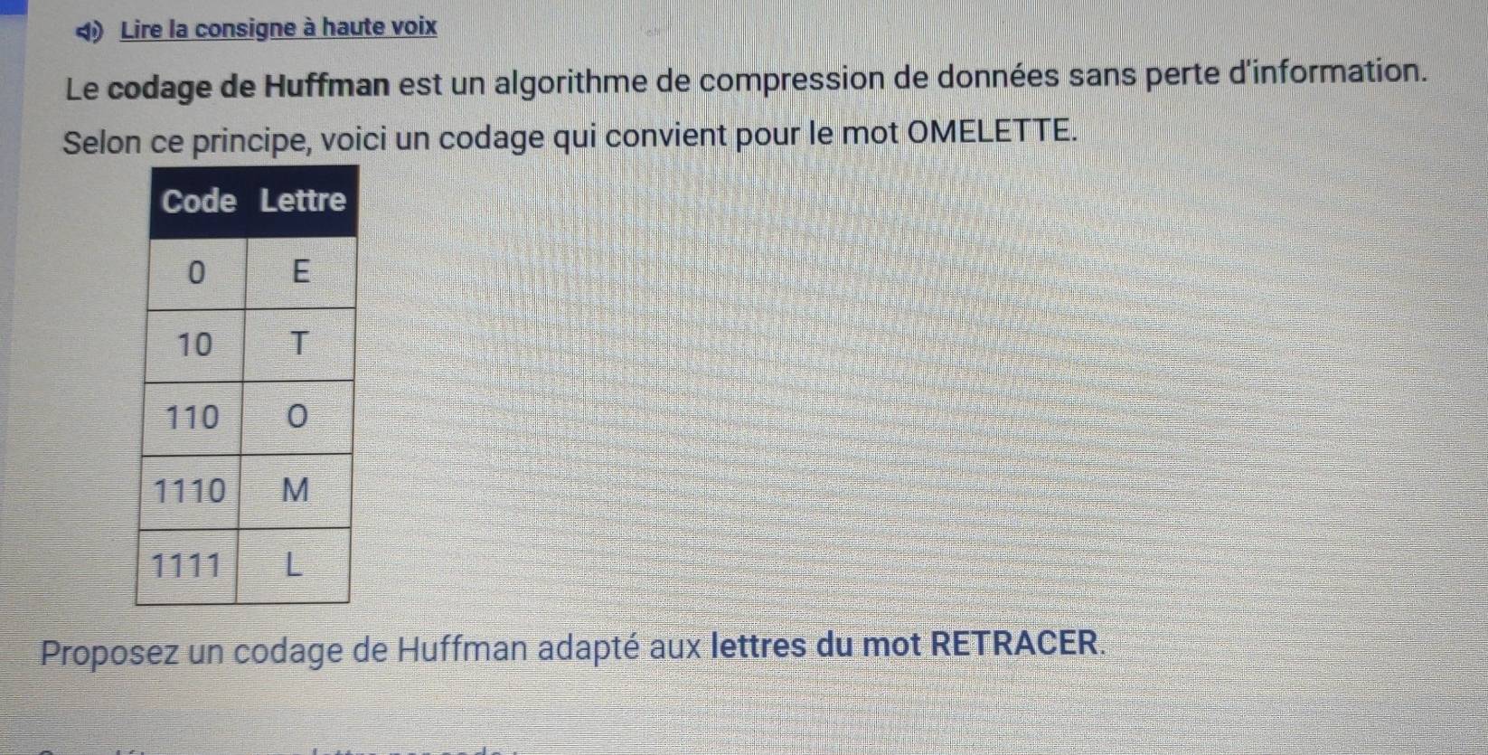 Résolu :Lire la consigne à haute voix Le codage de Huffman est un ...