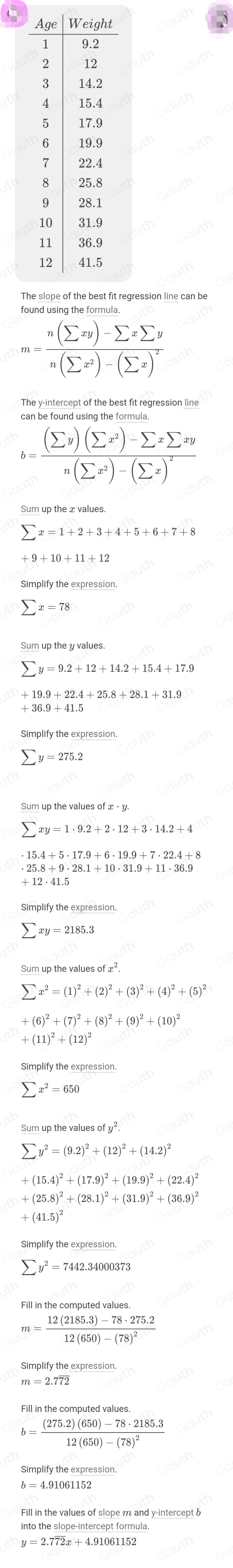 Solved: The table gives the average weight, in kilograms, of children ...