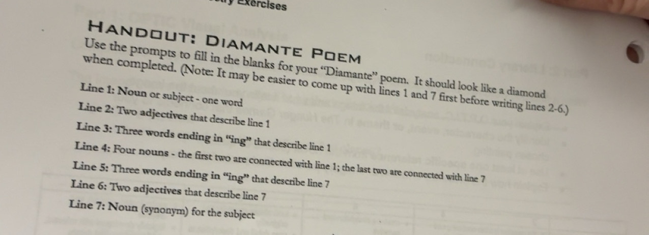Solved: Exercises Handout: Diamante Poem Use the prompts to fill in the ...