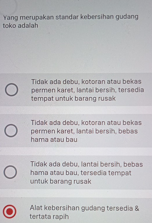 Telah dijawab:Yang merupakan standar kebersihan gudang toko adalah ...