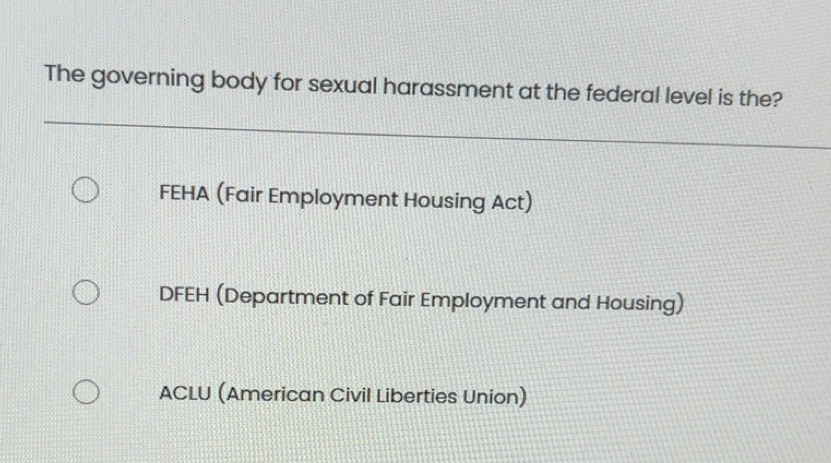 Solved: The governing body for sexual harassment at the federal level ...