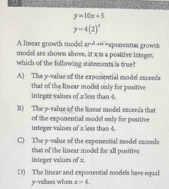 22 y=10x+5 y=4(2)^x A linear growth model and an exponential growth ...