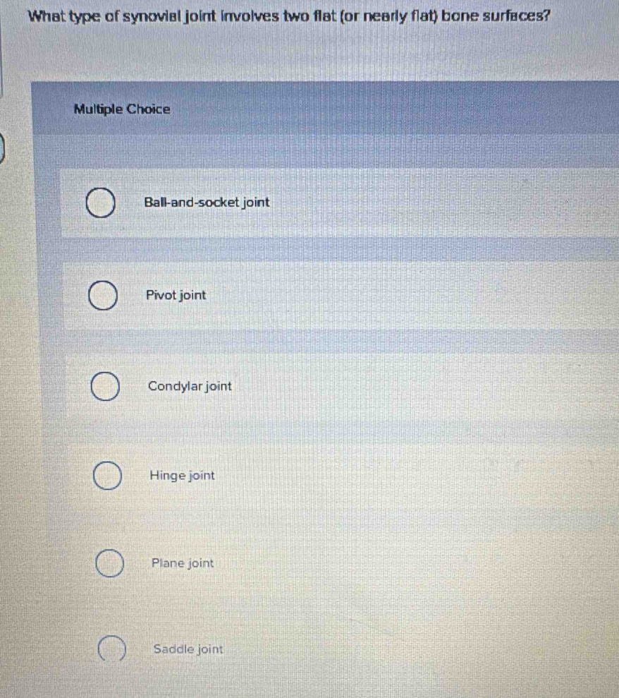 Solved: What type of synovial joint involves two flat (or nearly flat) bone surfaces? Multiple ...