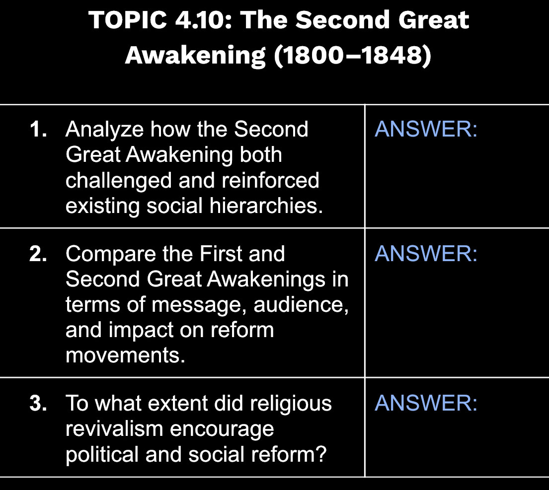 Solved: TOPIC 4.10: The Second Great Awakening (1800-1848) 1. Analyze ...