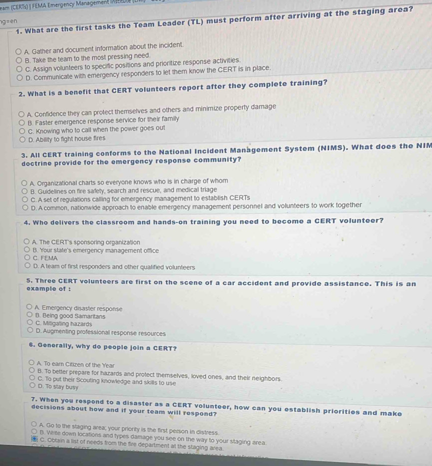 Solved: eam (CERTs) | FEMA Emergency Management Institule 1. What are ...