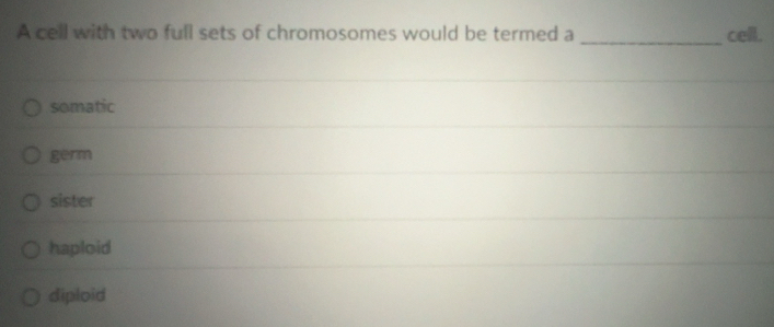Solved: A cell with two full sets of chromosomes would be termed a ...