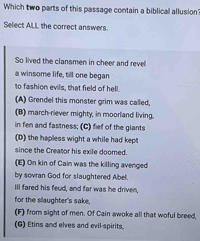 Solved: Which two parts of this passage contain a biblical allusion ...