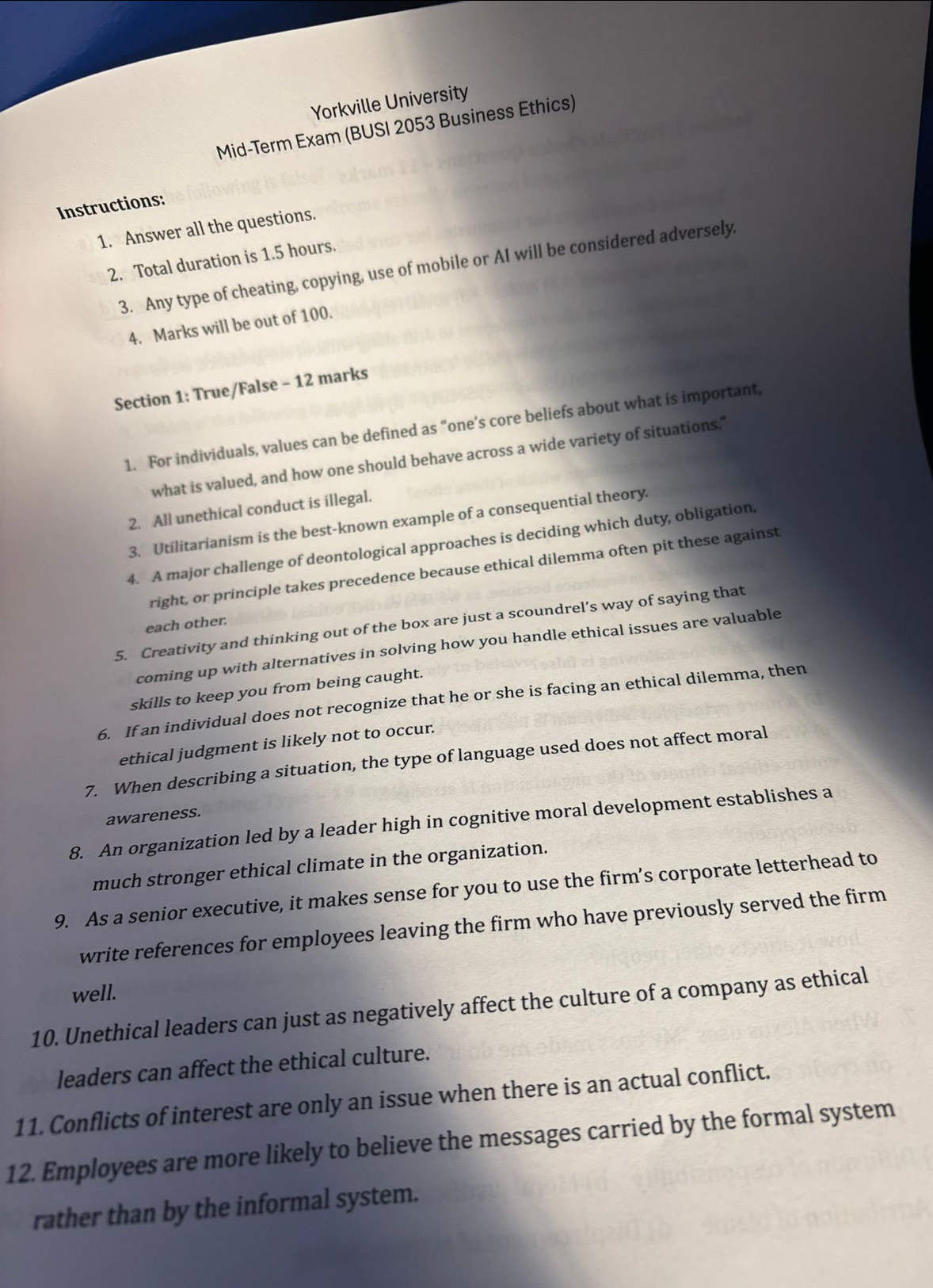 Solved: Yorkville University Mid-Term Exam (BUSI 2053 Business Ethics ...