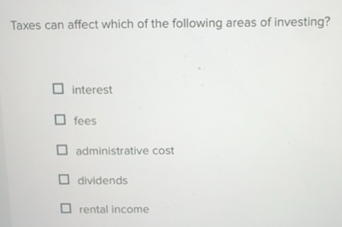 Solved: Taxes can affect which of the following areas of investing ...