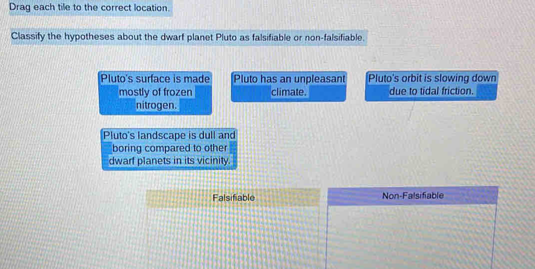 Solved Drag Each Tile To The Correct Location Classify The Hypotheses About The Dwarf Planet