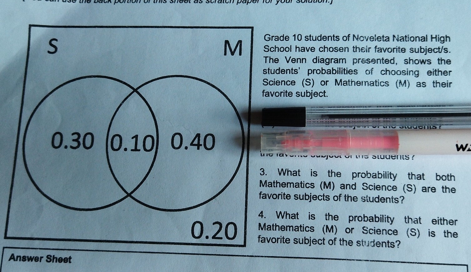 Solved: mis sheel as scratoh paper 1o Grade 10 students of Noveleta ...