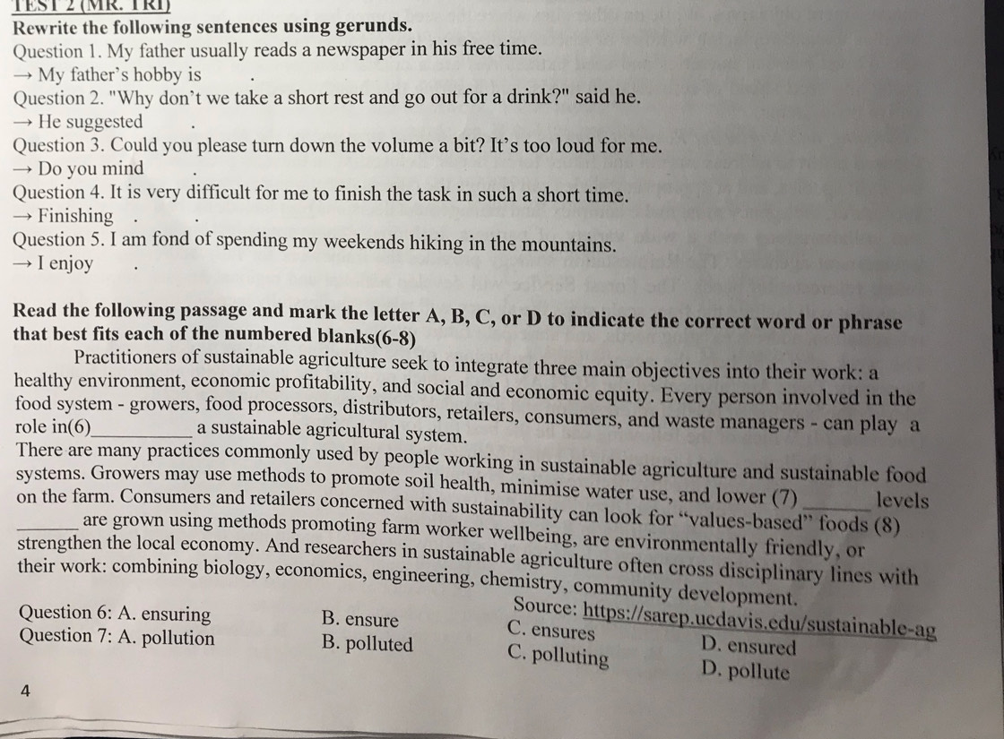 Giải quyết:TEST 2 (MR. TRI) Rewrite the following sentences using ...