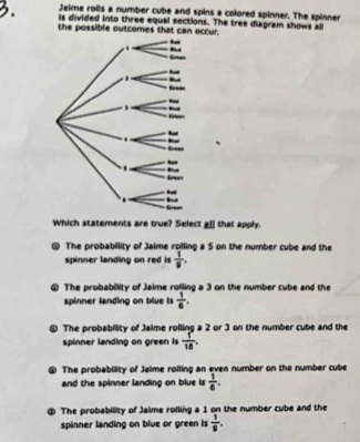 Jaime rolls a number cube and spins a colored spinner. The spinner 3 ...