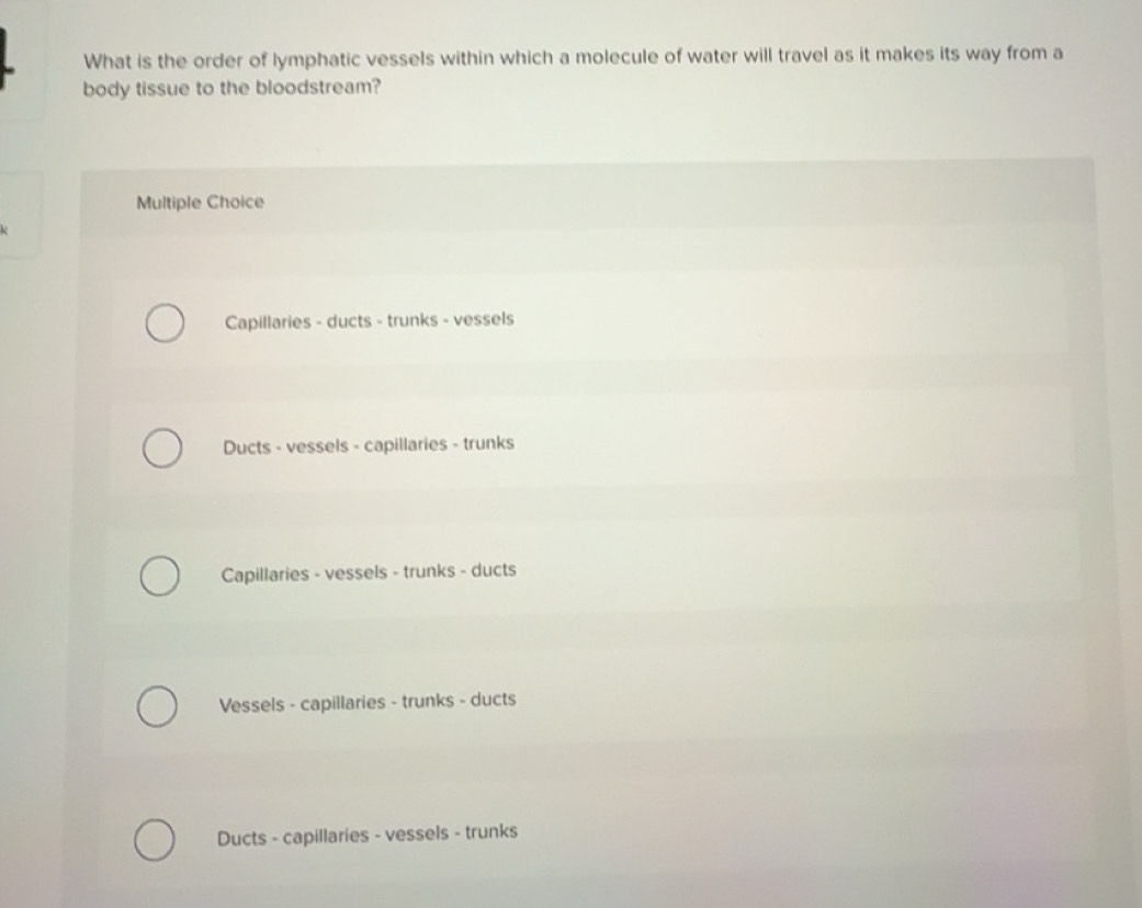 Solved: What is the order of lymphatic vessels within which a molecule ...
