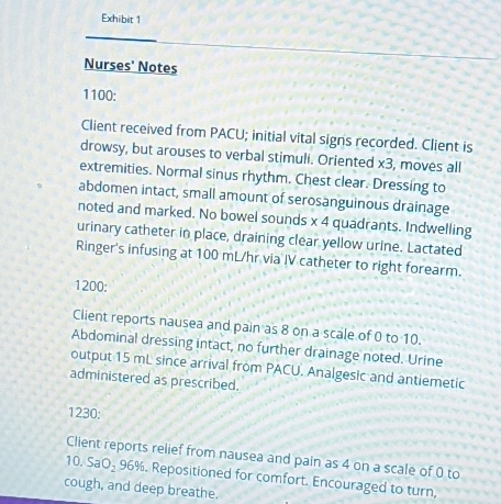 Solved: Exhibit 1 Nurses' Notes 1100: Client received from PACU ...