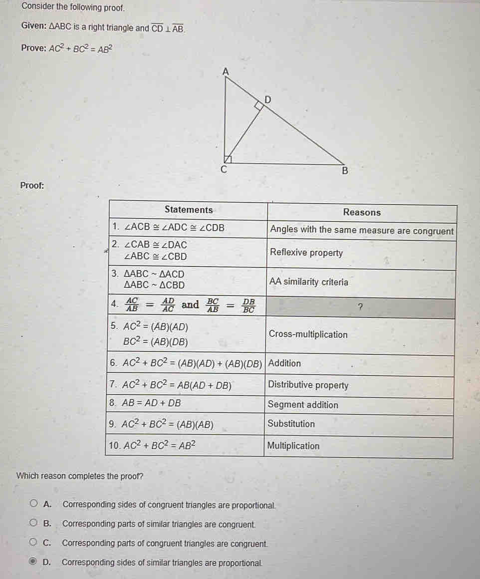 Solved: Consider the following proof. Given: ABC is a right triangle ... Solved: Consider the following proof. Given: ABC is a right triangle ...