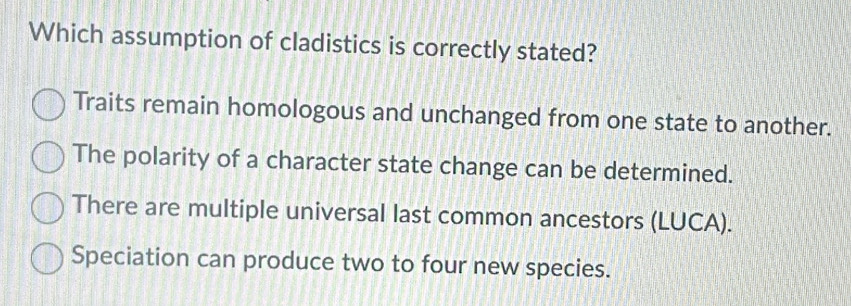 Solved: Which assumption of cladistics is correctly stated? Traits ...