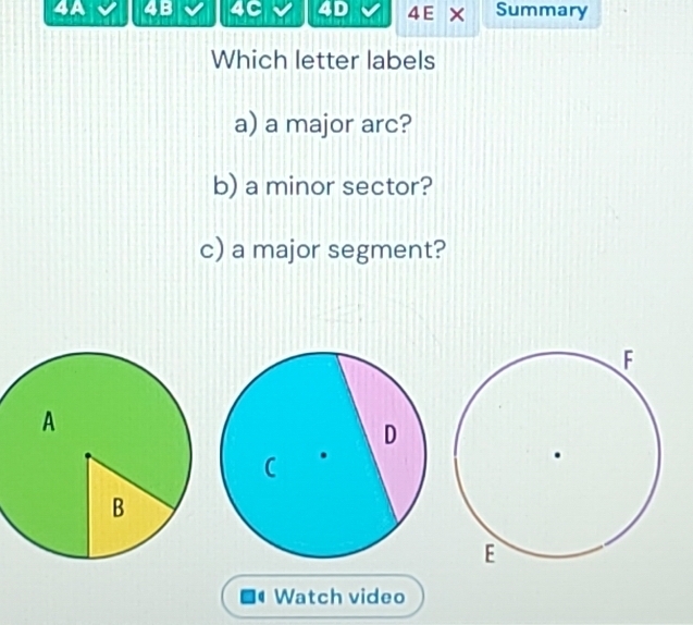 Solved: 4A 4B a D 4 E Summary Which letter labels a) a major arc? b) a ...