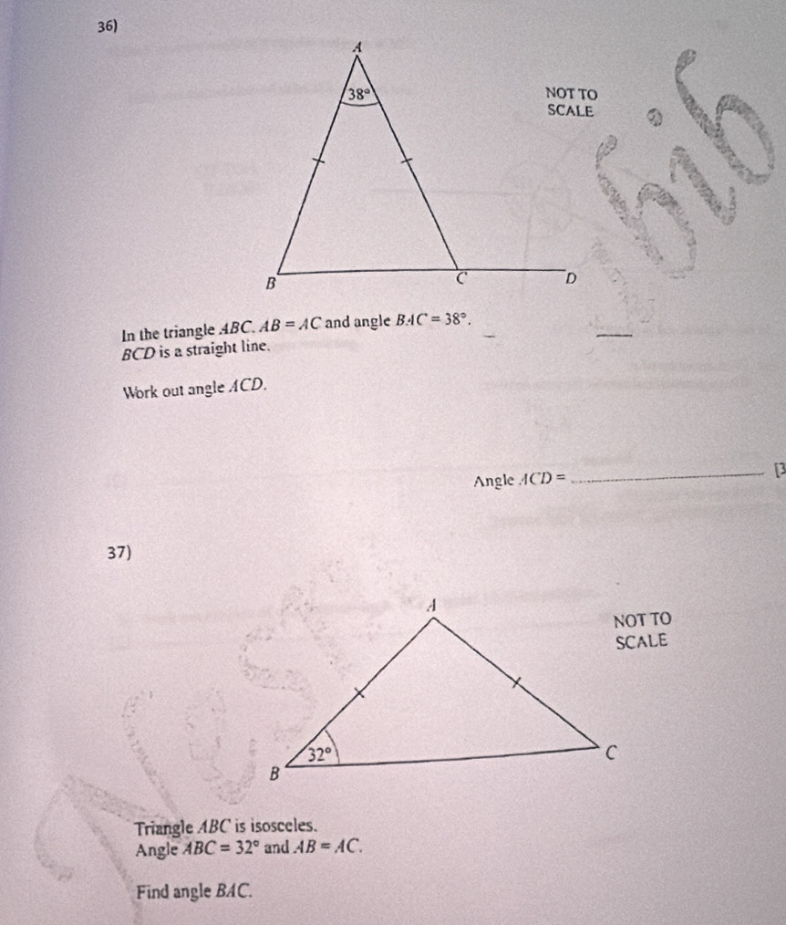 Solved: In the triangle ABC. AB=AC and angle BAC=38°. BCD is a straight line. Work out angle ACD ...