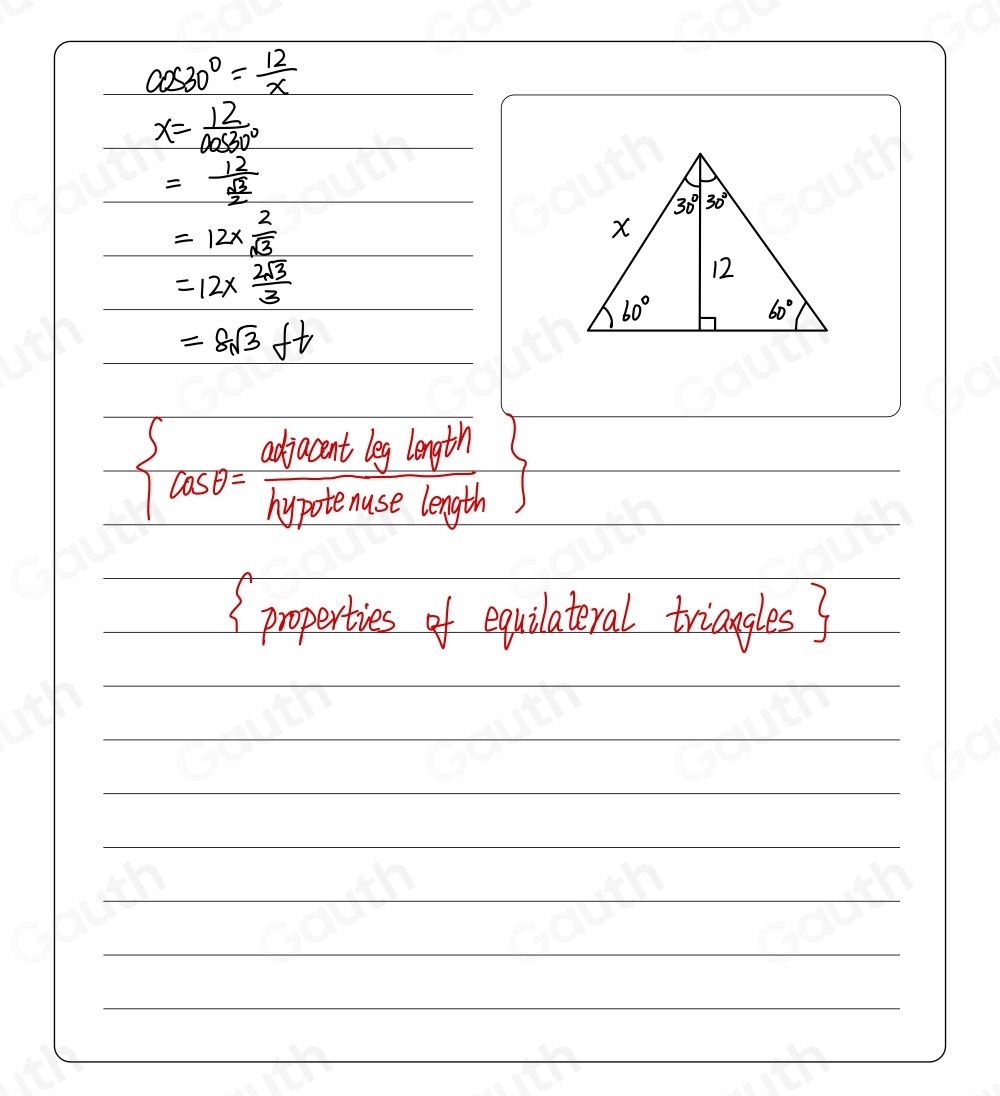 Solved: The length of an altitude of an equilateral triangle is 12 ft ...