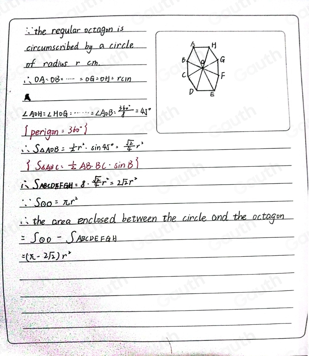Solved: A regular octagon is circumscribed by a circle of radius r cm ...