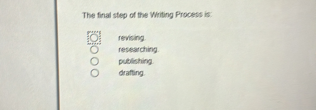 Solved: The final step of the Writing Process is: revising. researching ...