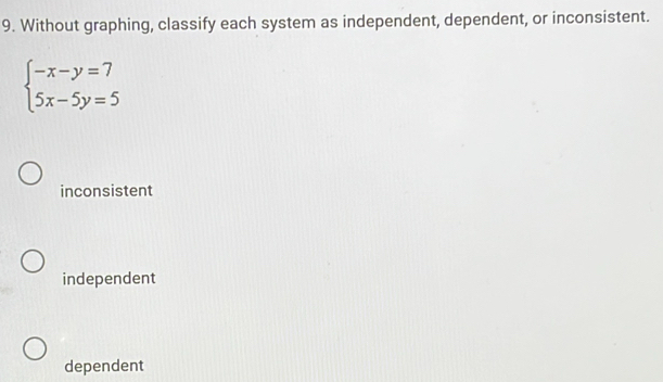 Solved: Without graphing, classify each system as independent ...